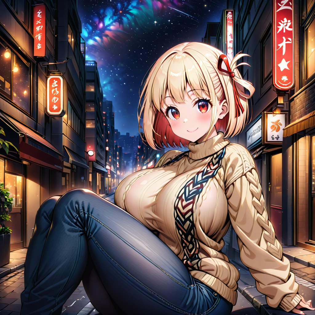 Chisato nishikigi, short hair, bangs, blonde hair, red eyes, hair ribbon - SeaArt AI