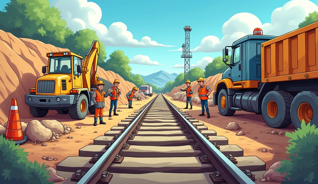 A cartoon-style scene depicts construction work on a railway track ...