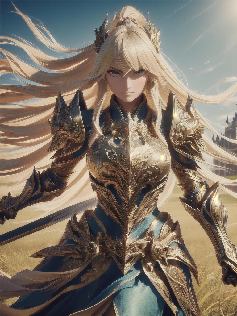 A fierce female warrior with flowing blonde hair, her face filled with ...