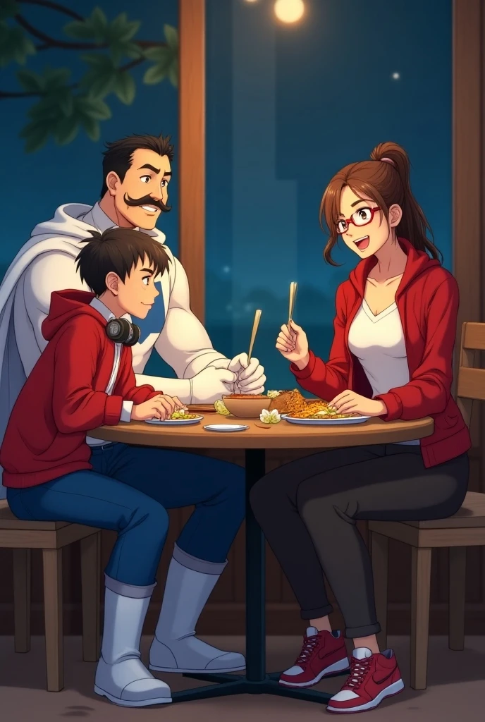 Calm scene between three characters. Character 1: a (Middle-aged man ...