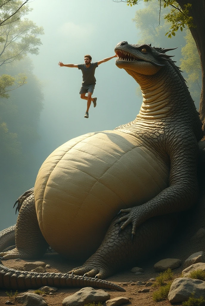 Fat realistic dragon lying belly-up, sleeping, while a man uses its ...