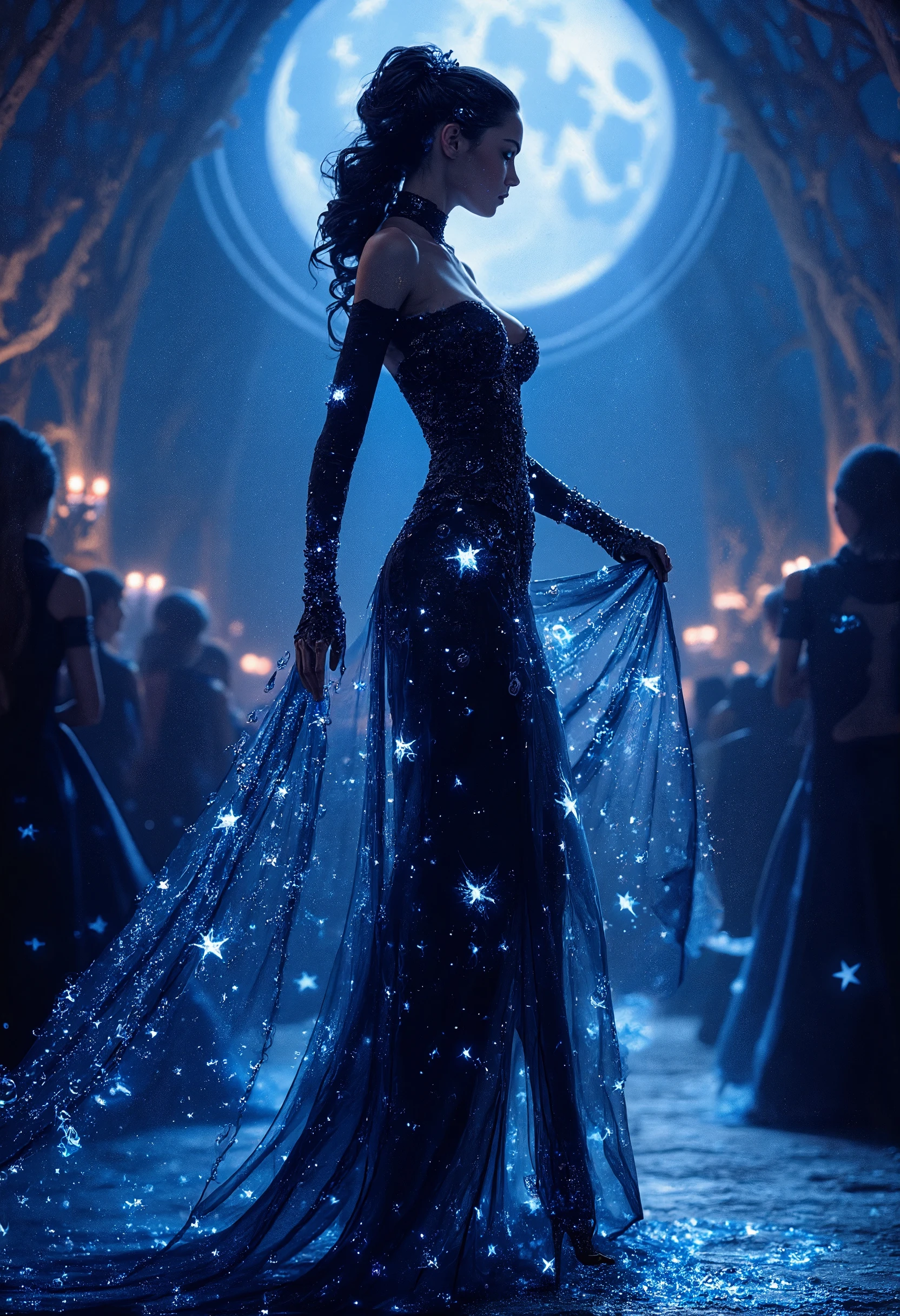 A beautiful model wearing an intricate clack dress, in a fashion show ...