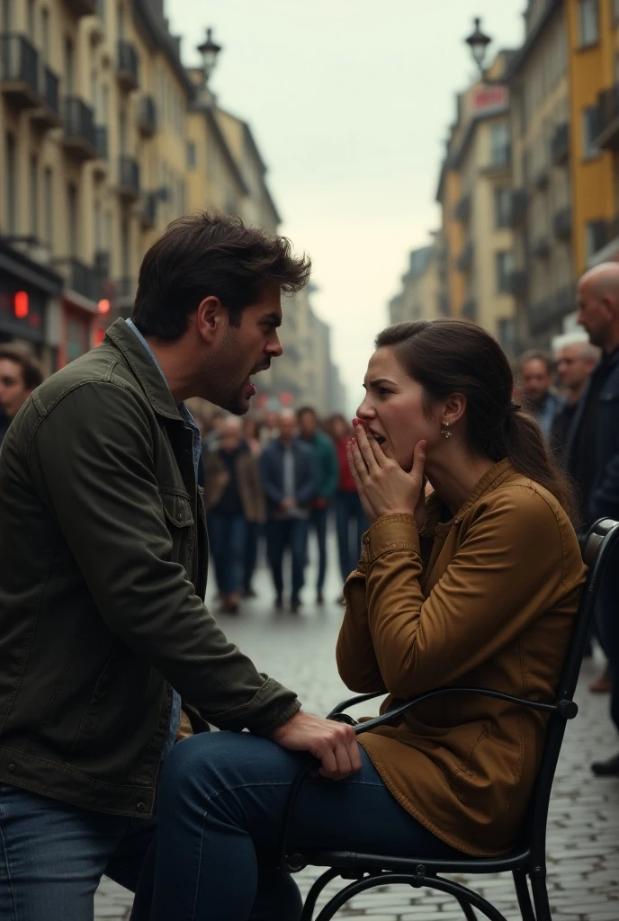 Realistic image of a grumpy man insulting his girlfriend , she is ...