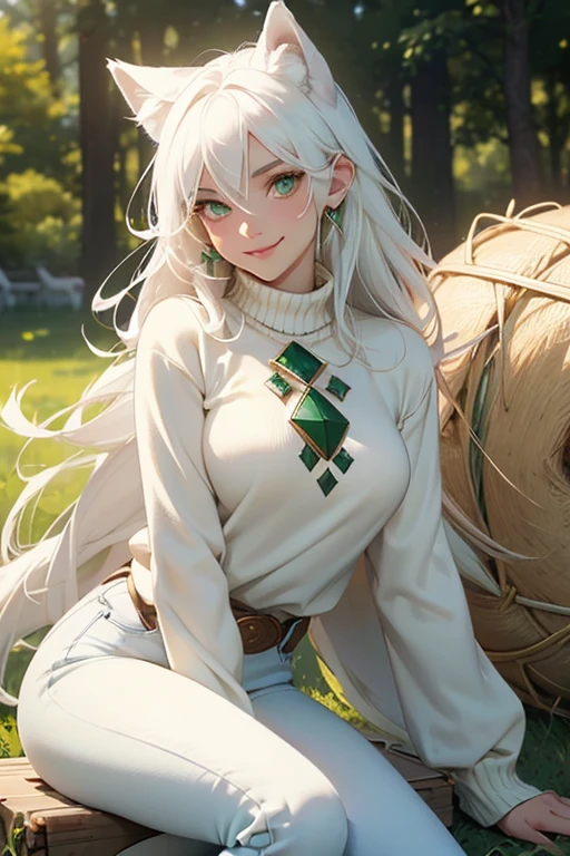 Perfect face. Perfect smile. A young white haired woman with green eyes ...