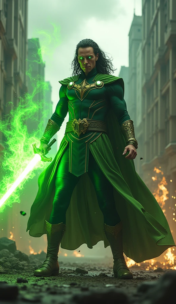 A handsome loki, Destroying a city With Sword Of Green Fire, highly ...
