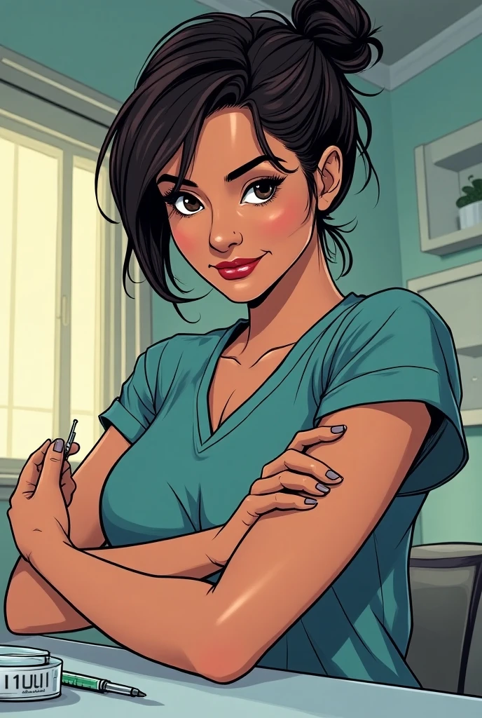 Women's comic applying injection with a syringe to your own arm - SeaArt AI