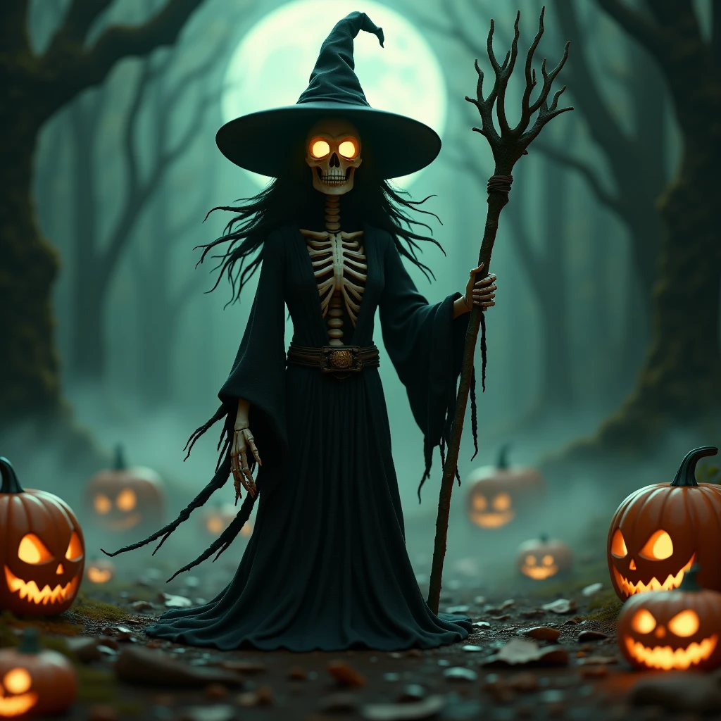 Skelet0n, A detailed 3D avatar of a Halloween witch, standing in a dark ...