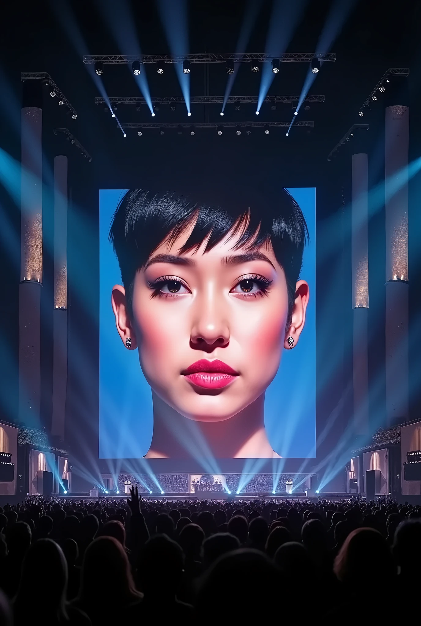 Big concert stage ， portrait avatar on the big screen of the stage ...
