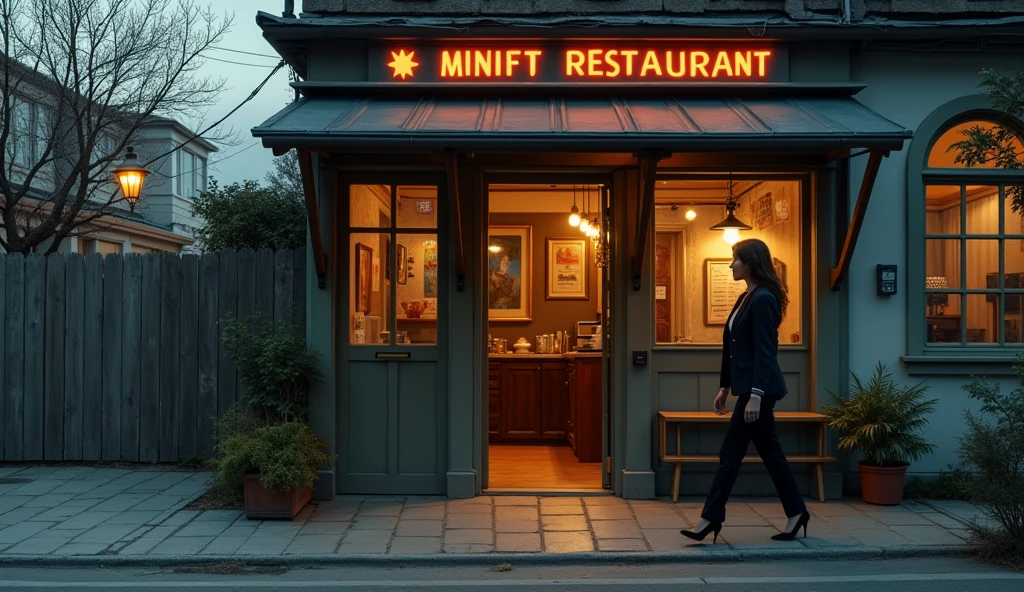 A woman wearing formal clothing, entering a modest restaurant - SeaArt AI