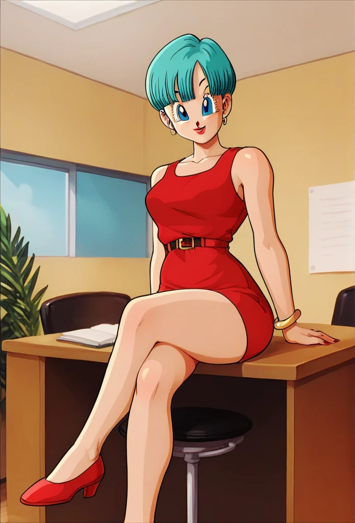 Bulma red dress legs crossed on a desk - SeaArt AI