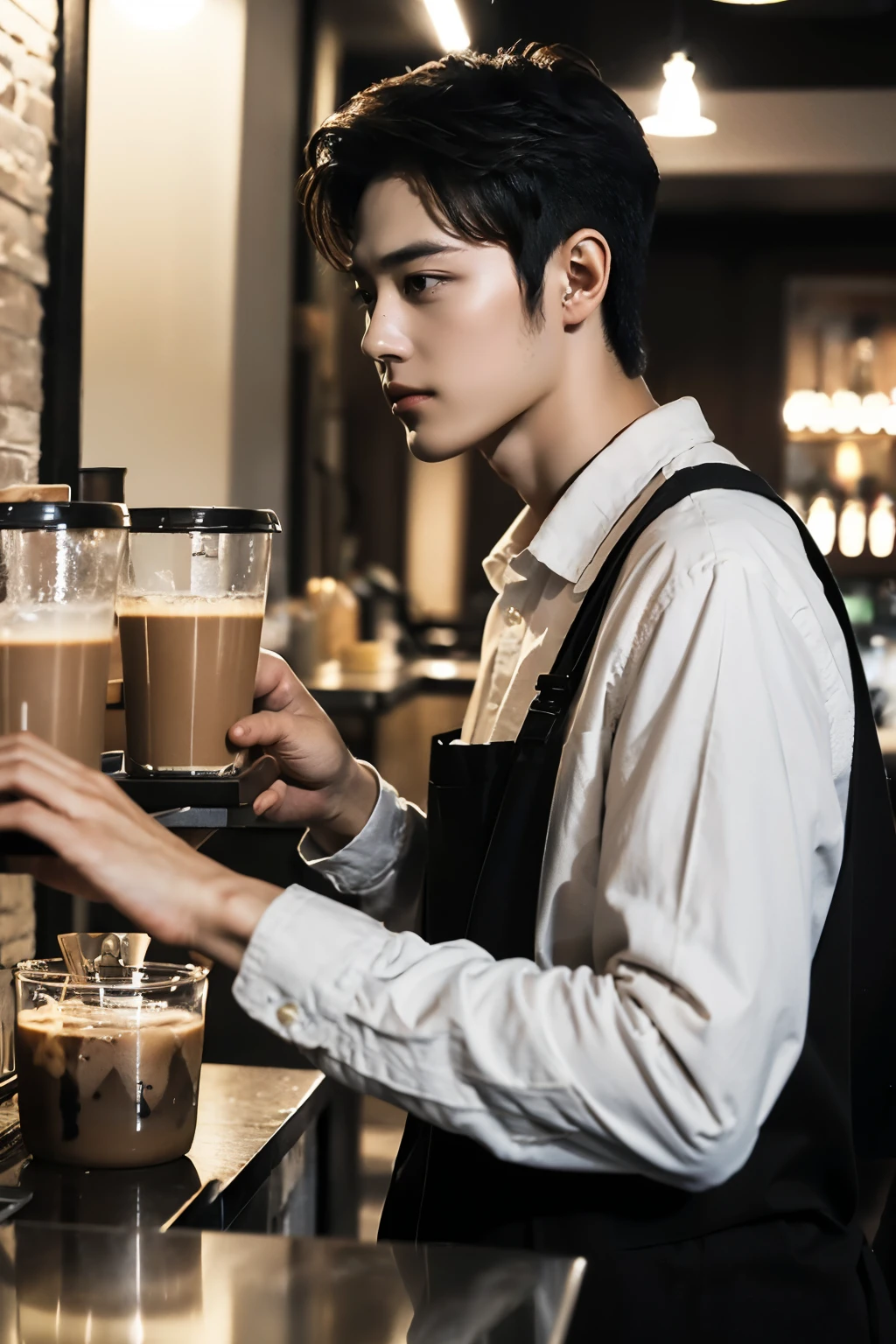 A handsome male barista, delivering drinks to customers in a cafe ...