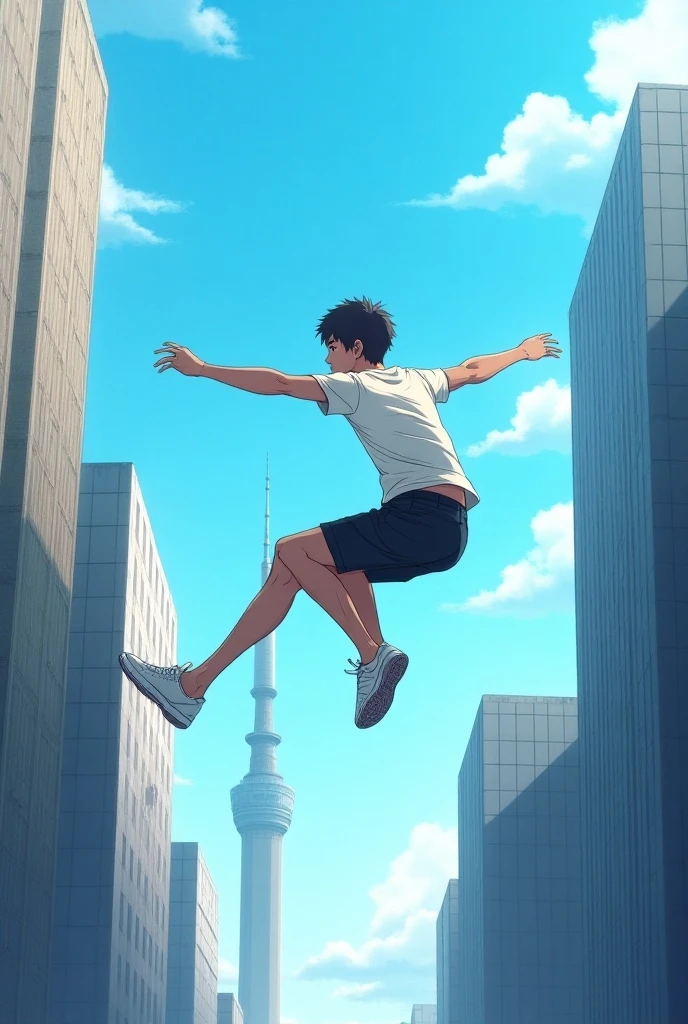 A still shot of a guy jumping from one of the tops of a skyscraper to ...