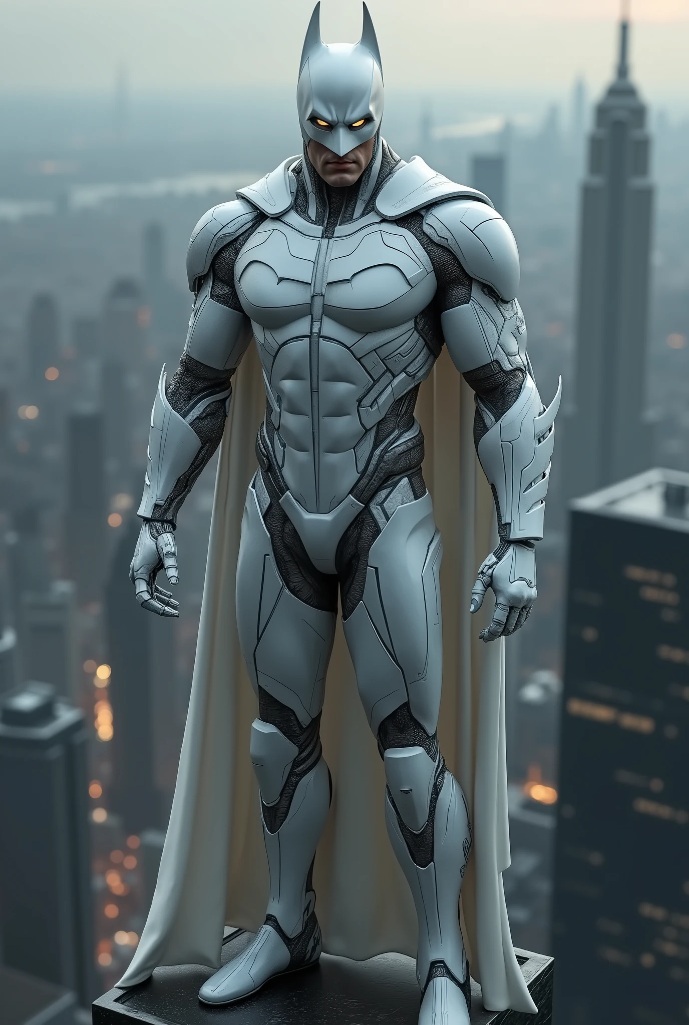 A white Batman in a titanium suit on the top of a building. - SeaArt AI