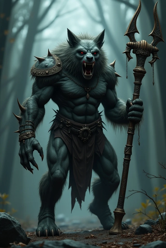 Werewolf golem wielding staff with crescent blades on both end of staff ...