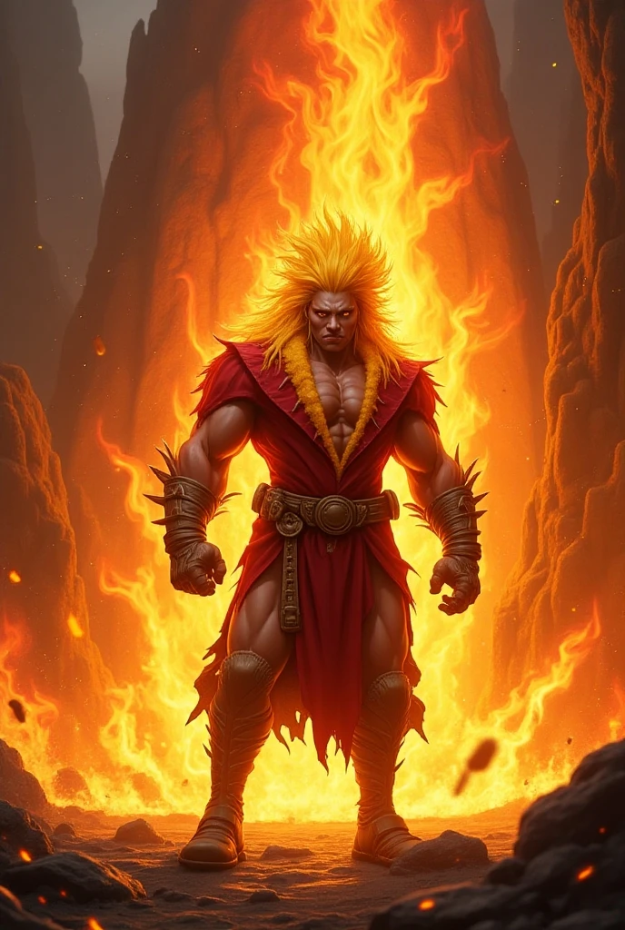 Gogo with fire rock behind him - SeaArt AI