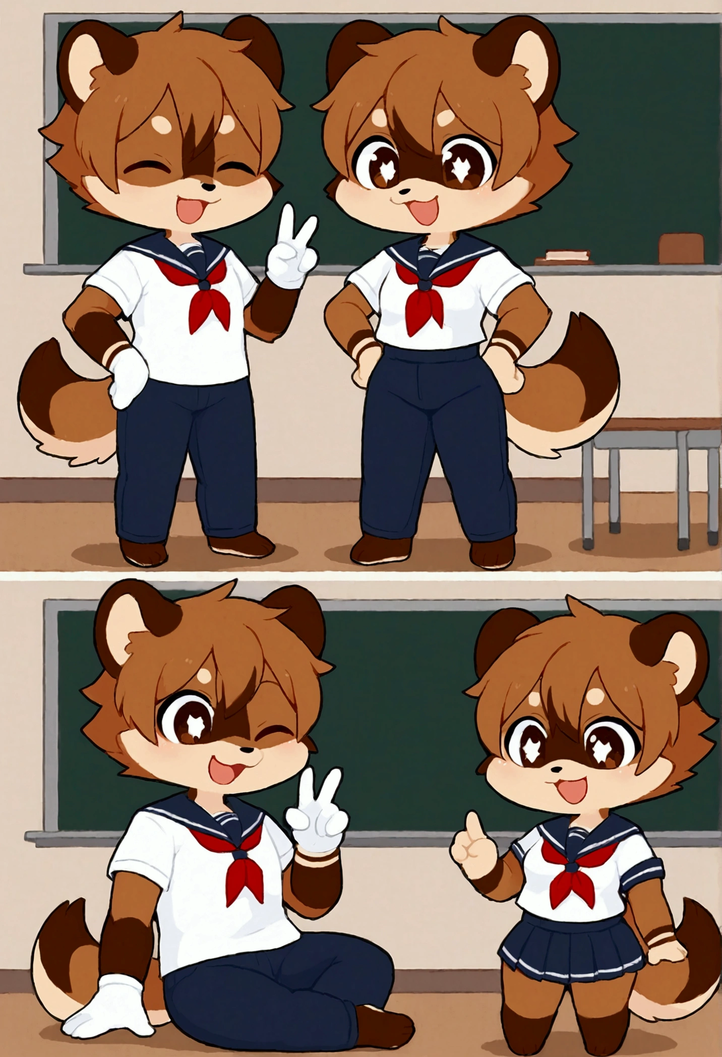 Boy and girl, tanuki, furry, bodyfur, tail, school uniform, sailor suit - SeaArt AI