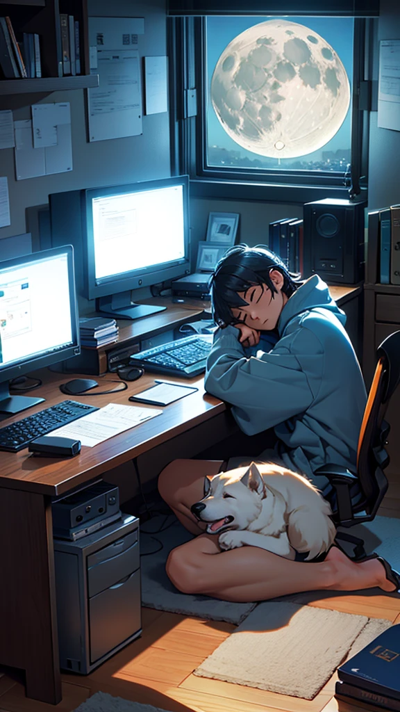 adolescent studying at the computer desk at night , with open window ...