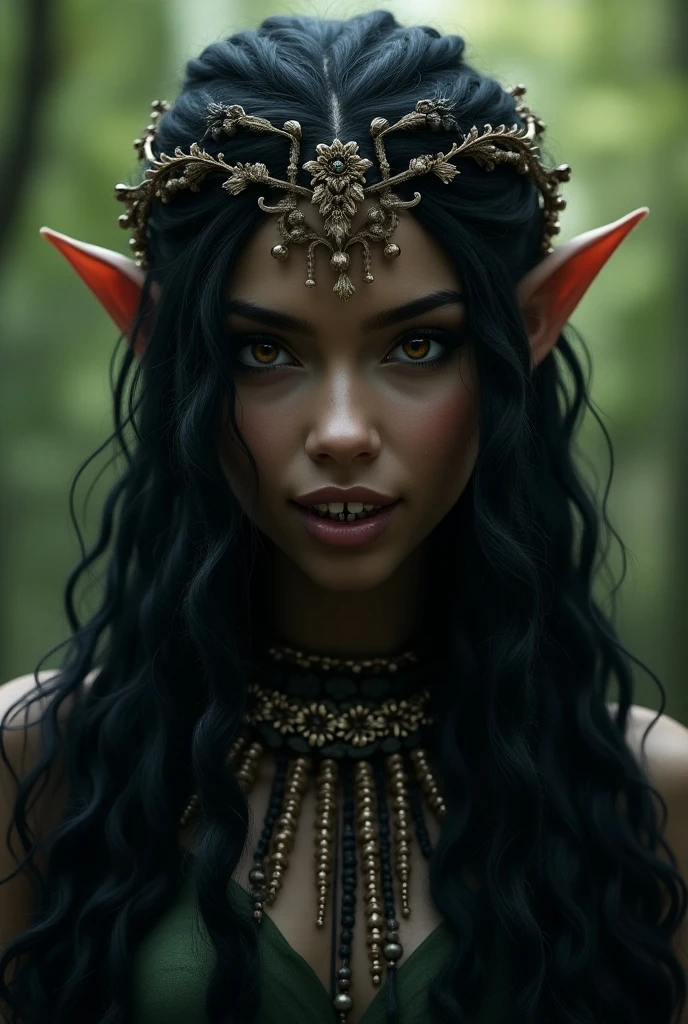 Create for me a black elf with braided hair, brown eyes with a tiara ...