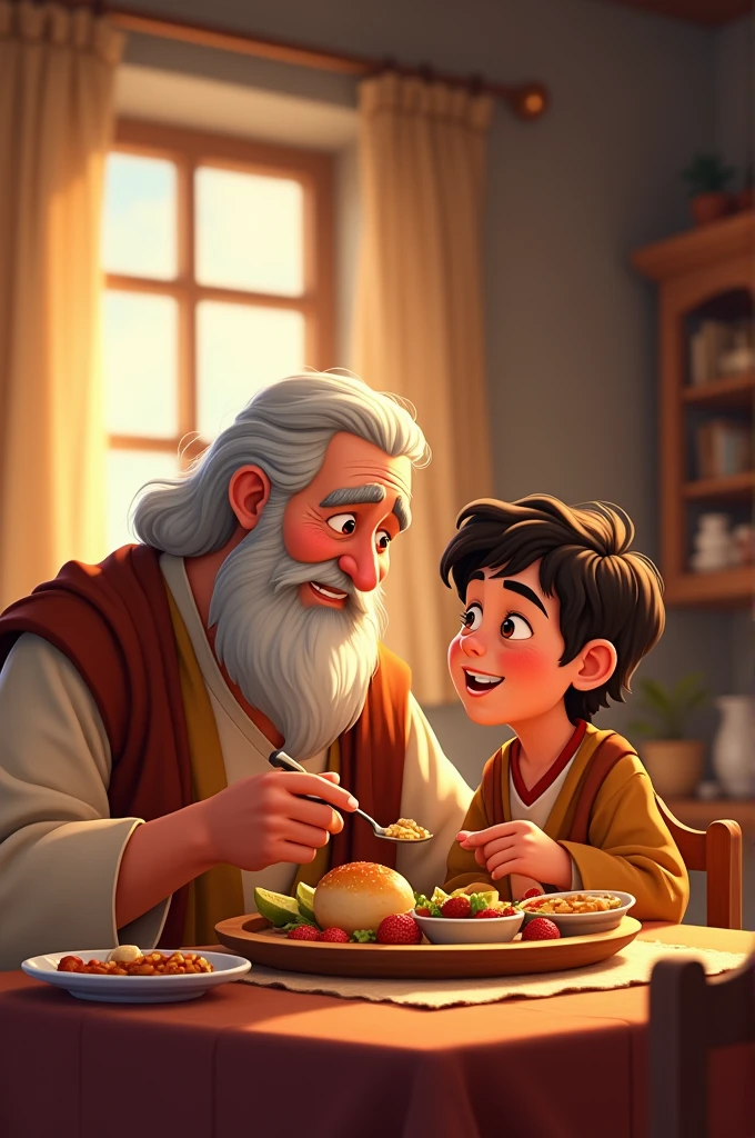 Abraham with his son eating at home, animated characters - SeaArt AI