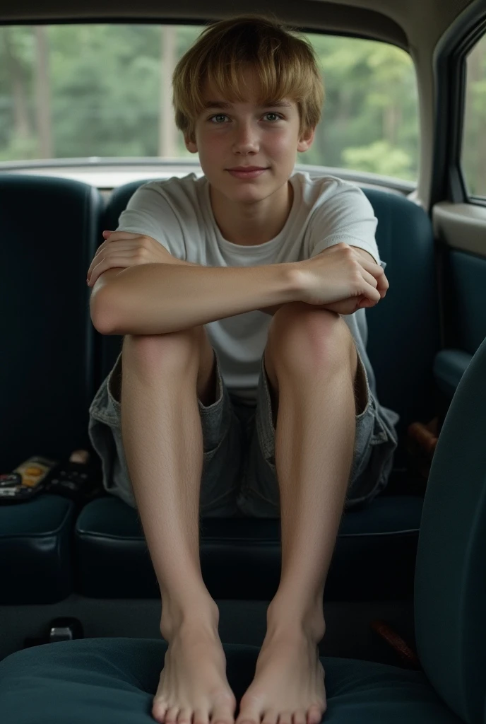 Boy blond teen barefoot in car - SeaArt AI