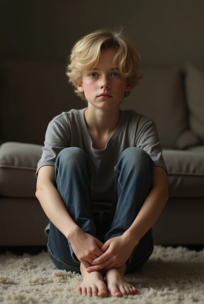 17-year-old blond teen boy sitting barefoot on carpet - SeaArt AI