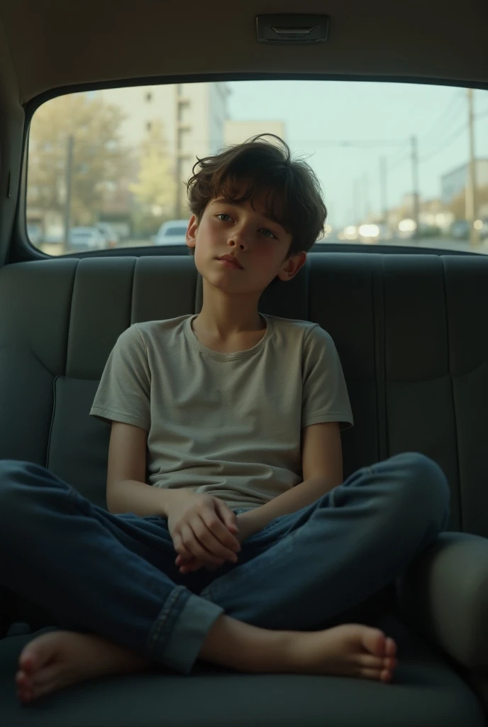 Boy teen barefoot crossed in car - SeaArt AI