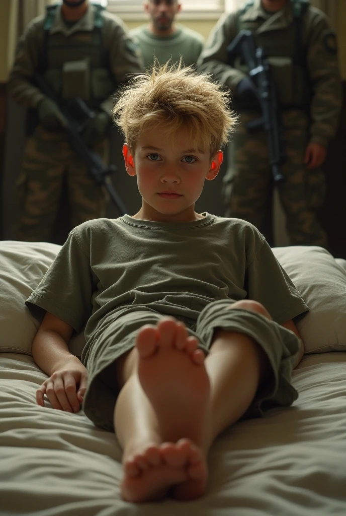 Blonde teen boy teen barefoot crossed on bed soldiers - SeaArt AI