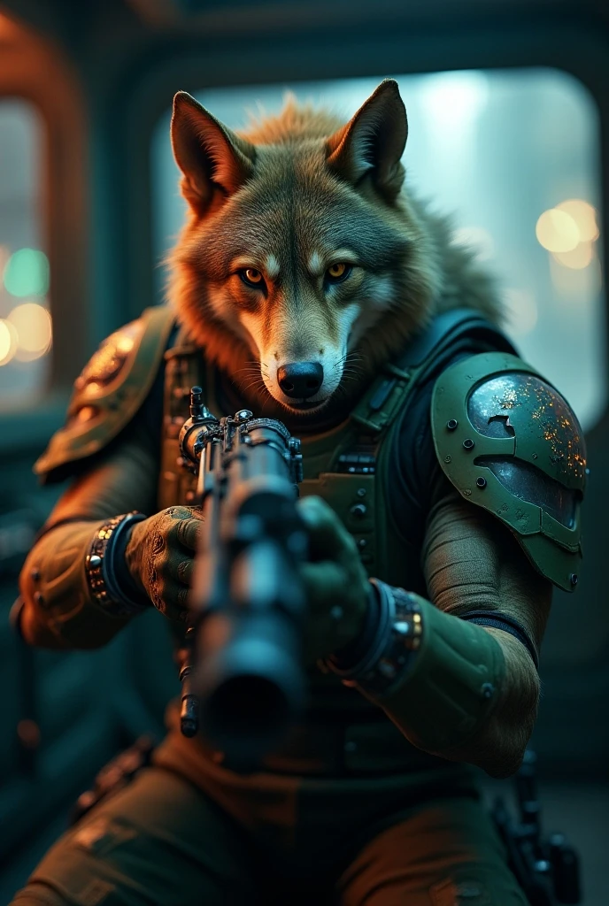 Adult male brown wolf humanoid, wearing cyberpunk military green armor ...