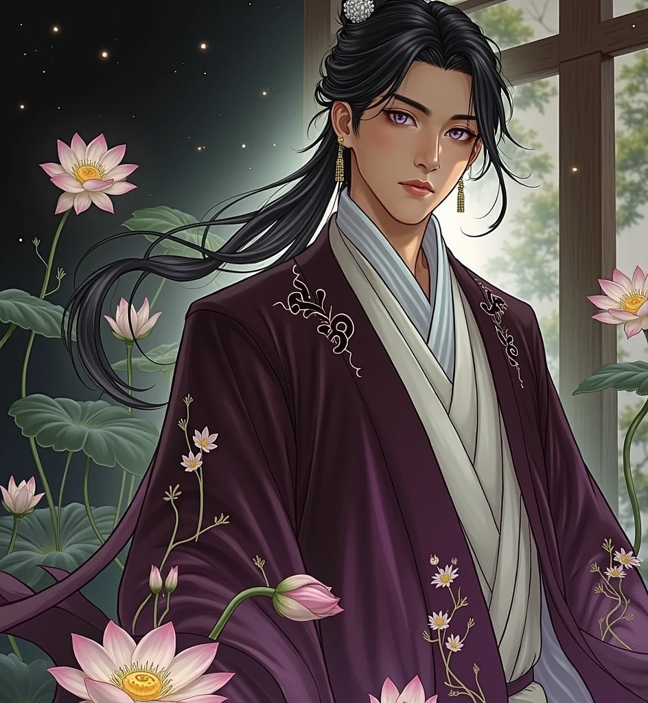 Man, black hair , a lock of hair white , purple eyes , eyes the color ...