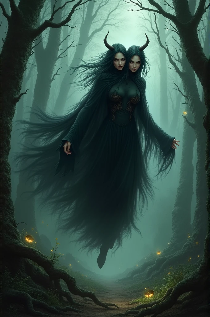 A two-headed witch soaring through a dark, enchanted forest, her long - SeaArt AI