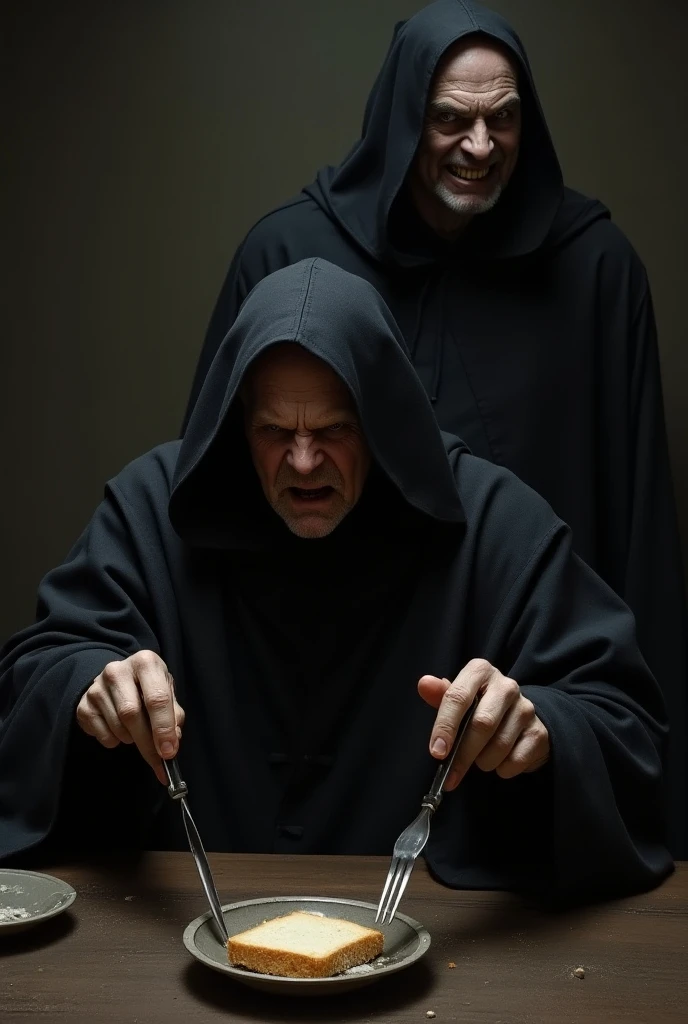 A hooded Darth Sidious, holding a knife and fork, is eating angrily ...