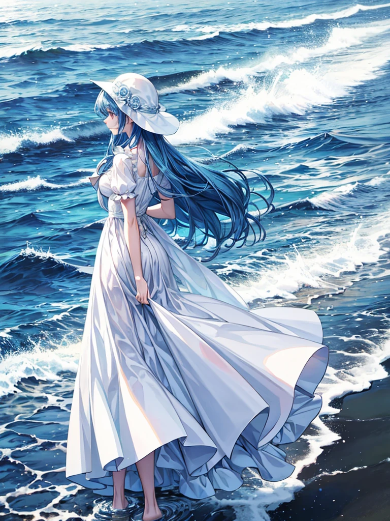 lady-blue-hair-white-dress-stting-down-at-sea-shore-seaart-ai