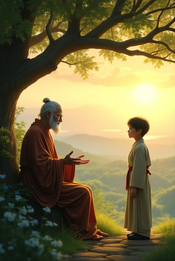 A serene, peaceful setting with a wise, elderly sage sitting under a ...