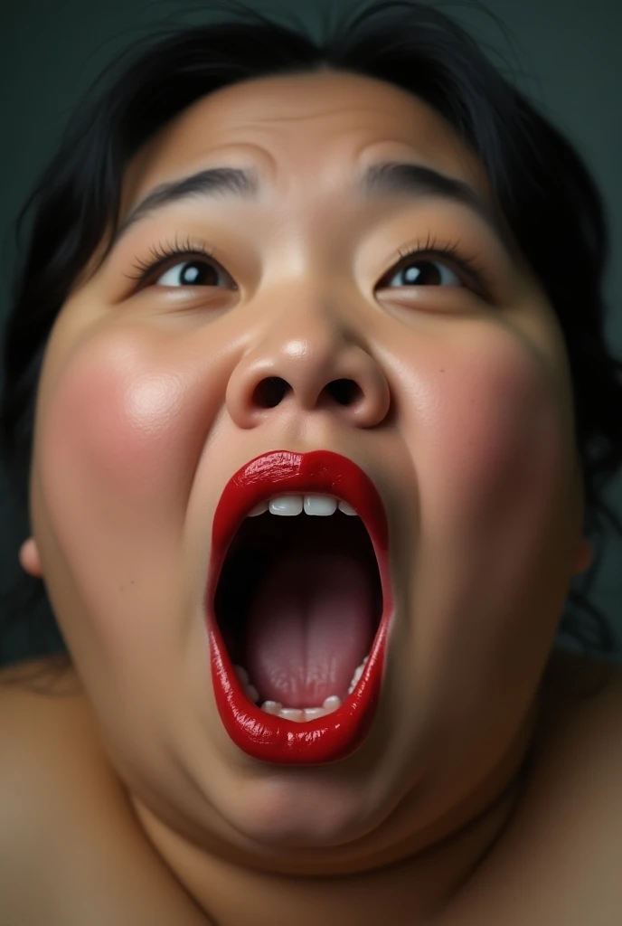 Close-up photo of an obese Asian woman with bright red lips wide open and eyes c - SeaArt AI
