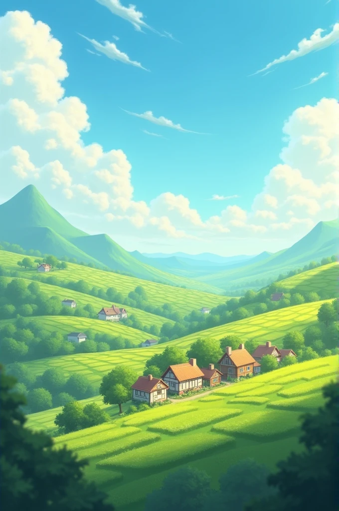 Background : A view of a lush village with rows of fields in the ...