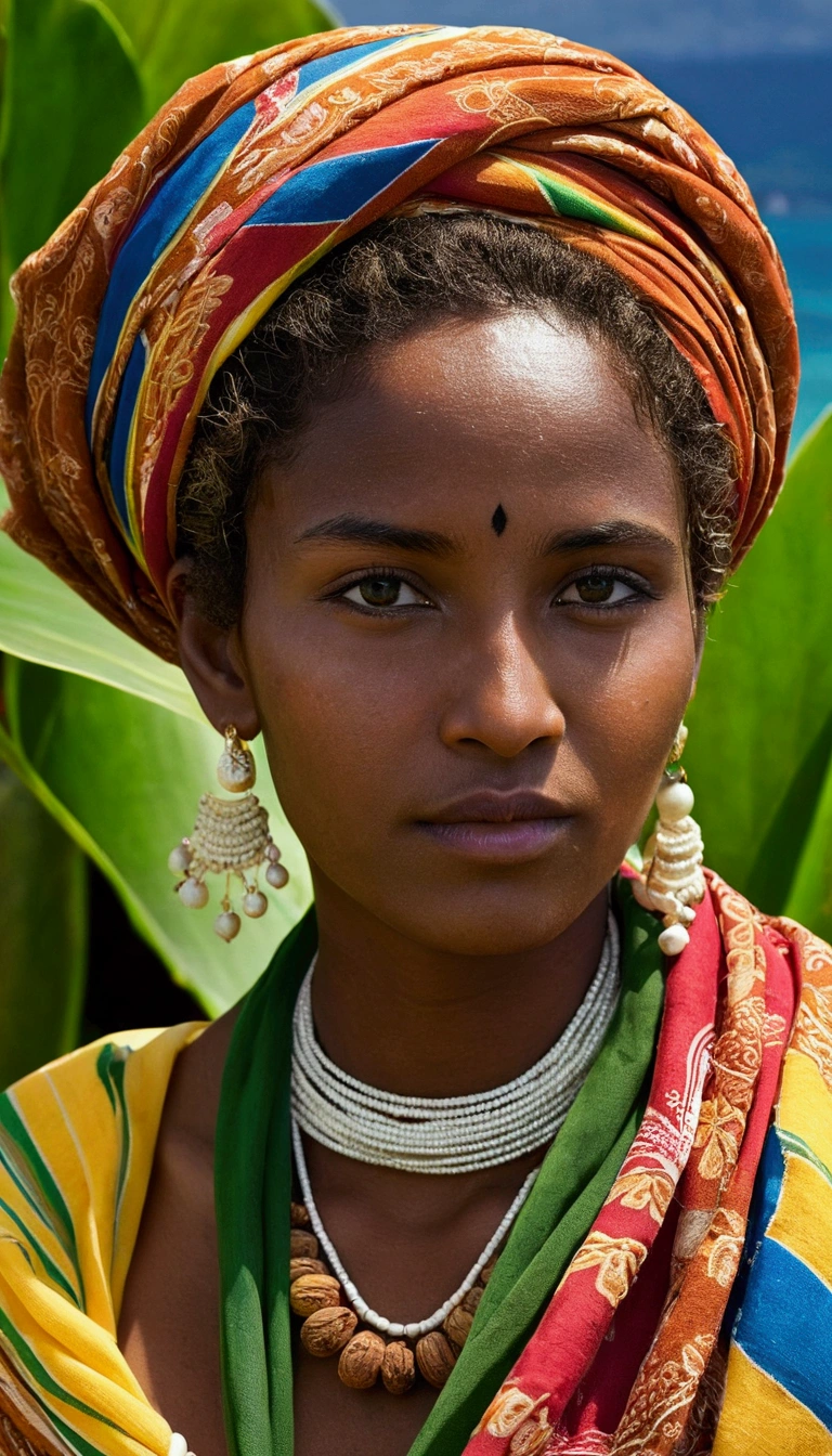 Picture a woman whose appearance reflects the natural beauty of Comoros ...