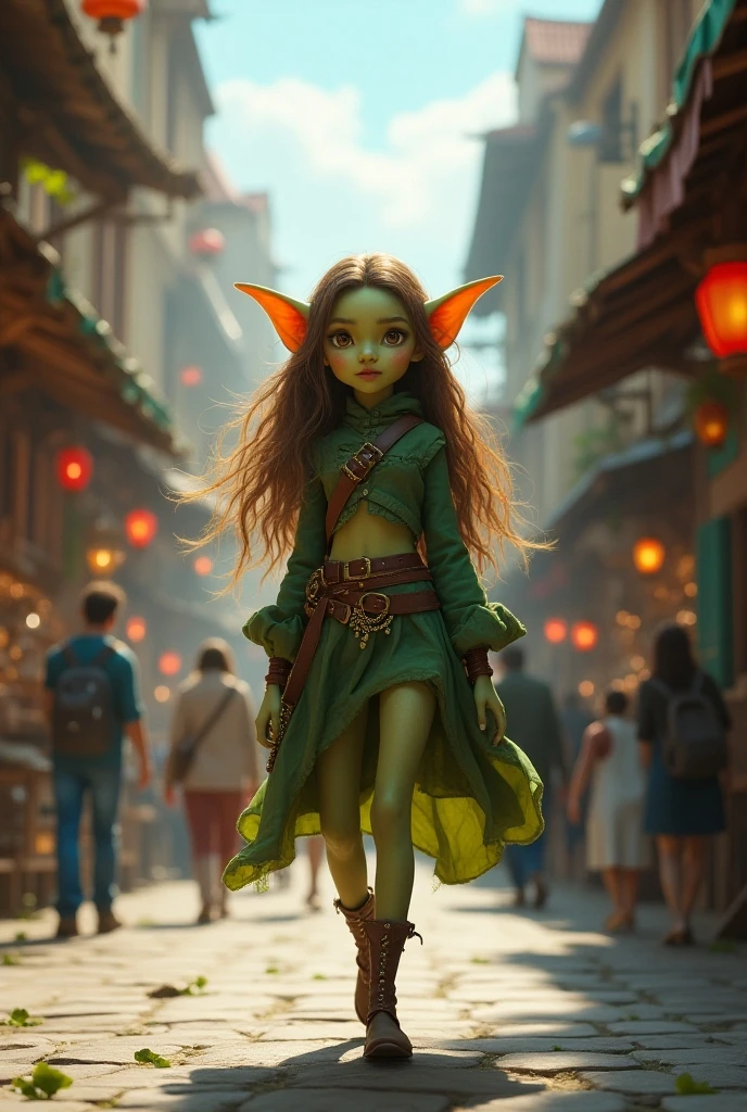 1 female goblin, age 18, light green skin, she has brown hair - SeaArt AI