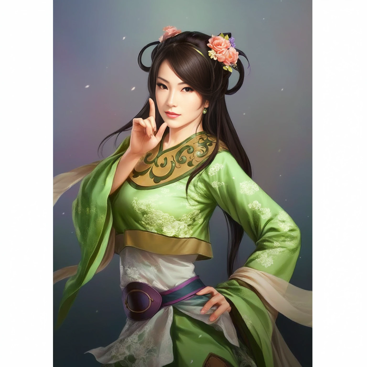 A woman in a green dress、Close-up of a woman with flowers on her head ...