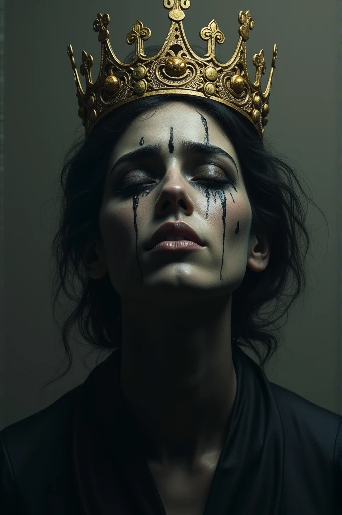 Roi, with a crown in despair, sad, visage, darkened - SeaArt AI