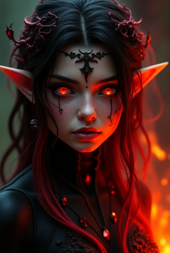 Upper body shot, a dark ghostly female fire fairy with fiery red skin ...