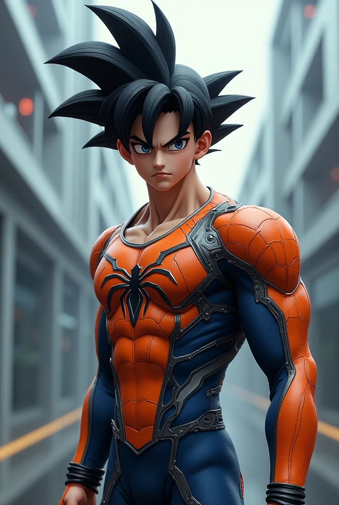Realistic Goku wearing Spider-Man's futuristic outfit, outfit details ...