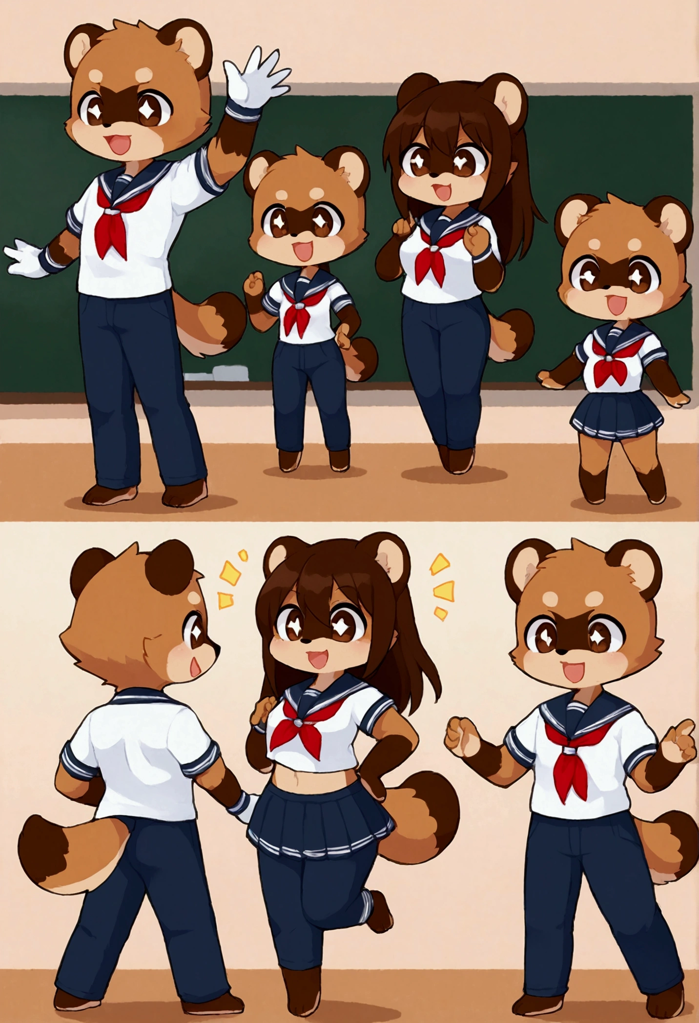 Boy and girl, tanuki, furry, bodyfur, tail, school uniform, sailor suit ...