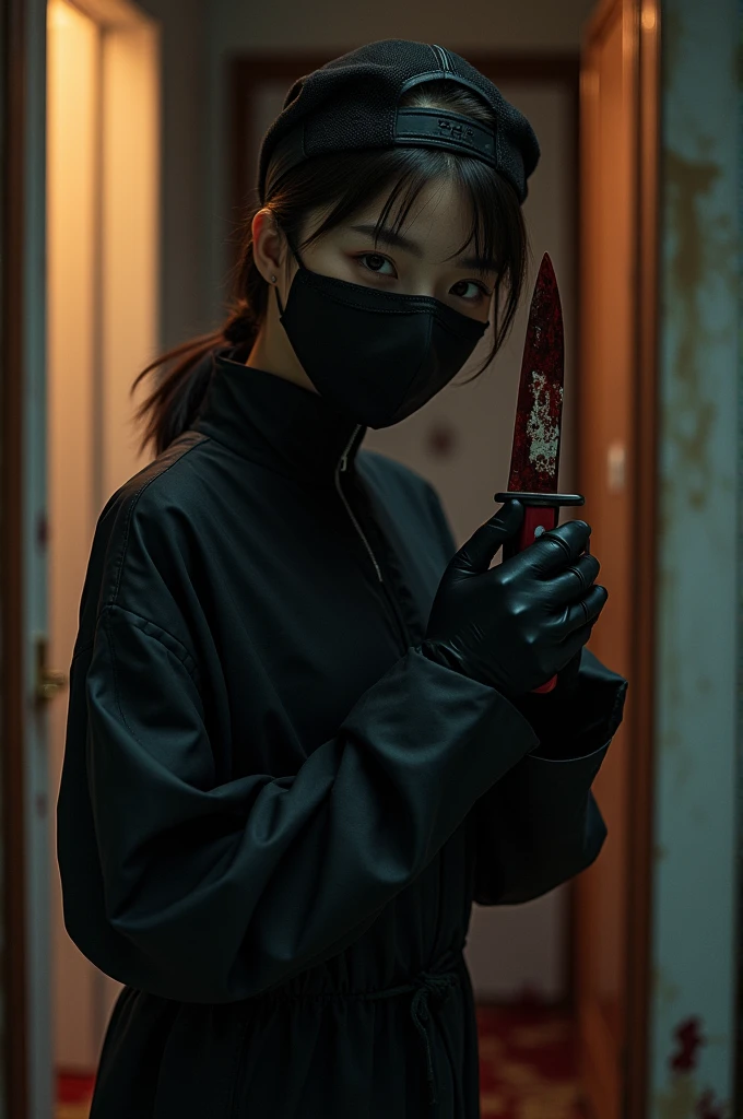 Korean beautiful girl, (behind stiff, black surgical mask), bloody ...