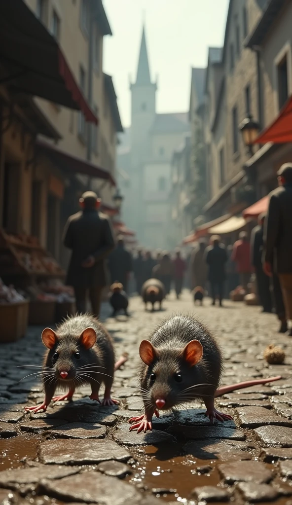 A close-up of rats scurrying through the streets, their fur dirty and ...