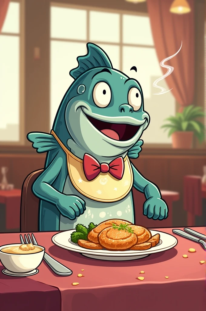 Create a beautiful cartoon cod scene at the restaurant on the table ...