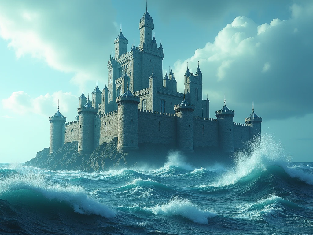 Cast-iron castle in the middle of the ocean, bright colors, camera imax ...