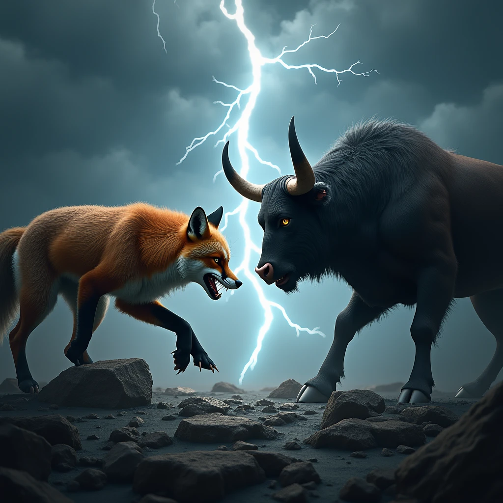 Create a image where a fox and a bull are facing each other in an ...