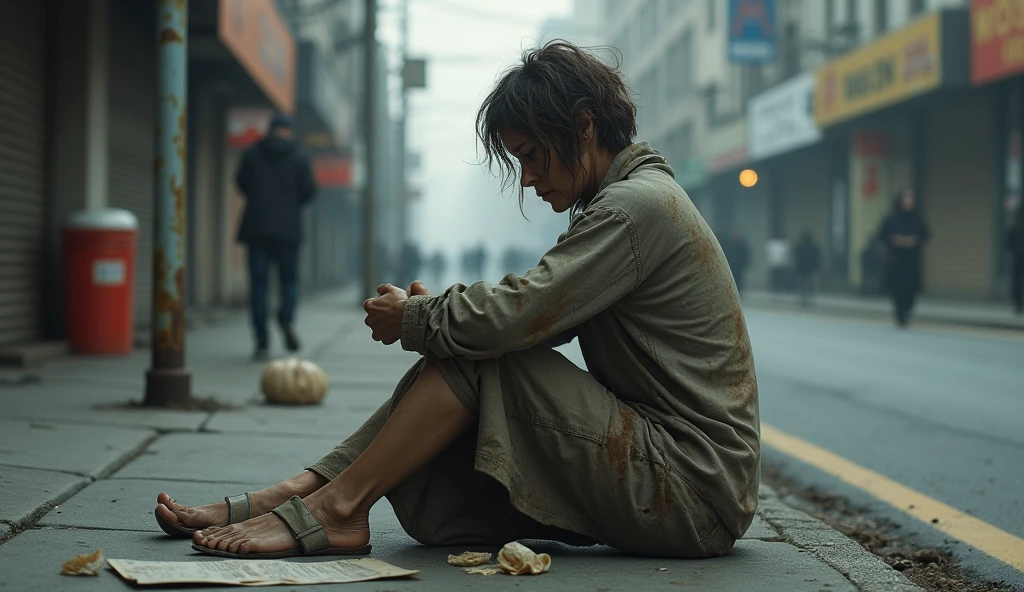 A vagrant woman on the street sitting dirty - SeaArt AI