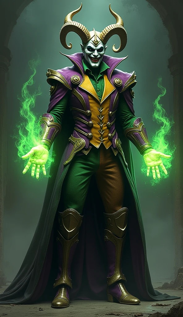 A chaotic humanoid figure, wearing a hybrid of Loki’s armor and a ...