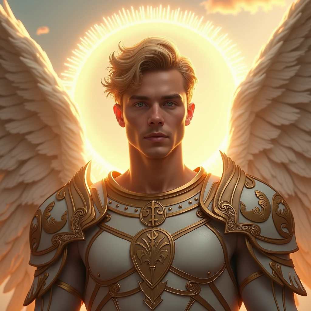 A beautiful male archangel, clean-shaven, gazing directly at the camera ...